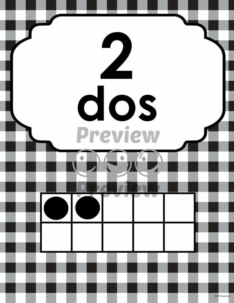 Number Posters Black White Plaid English Spanish French | Made By Teachers